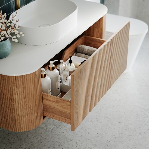 Ingrain Curved Fluted Wall Hung Timber Veneer Bathroom Vanity - The ...