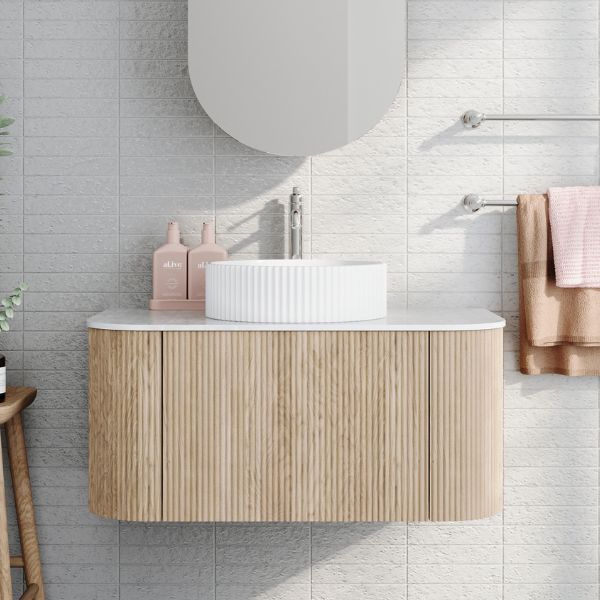 Ingrain Curved Fluted Wall Hung Timber Veneer Bathroom Vanity - The ...