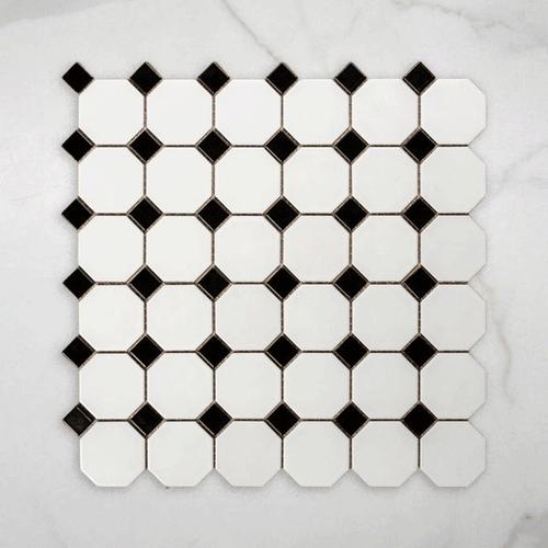 St Kilda Matt White Octagon with Green Dot Porcelain Period Mosaic Til ...