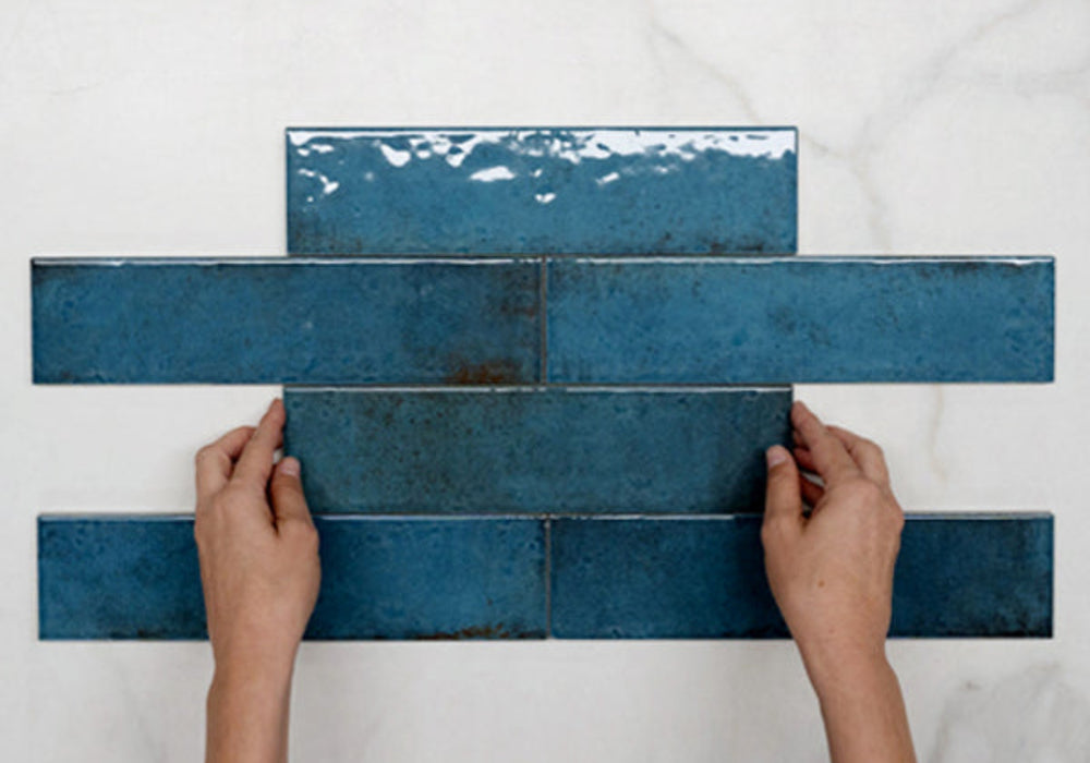 Blue Andrea Subway Tile Textural Gloss 75 x 300 x 8mm Italian Porcelai ...