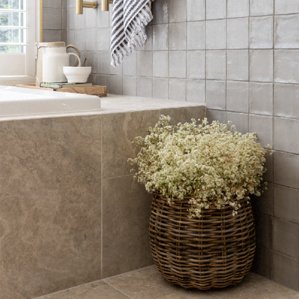 Beige Amara Travertine Tile Matt French Pattern Porcelain — The Blue Space
