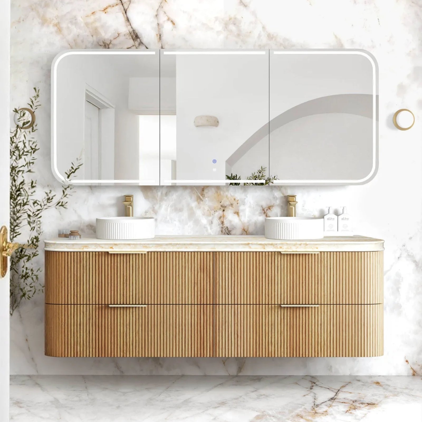 Otti Havana Fluted Curved Wall Hung Vanity with Stone Top - Woodland ...