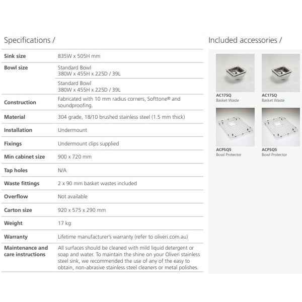 Oliveri Professional Series Double Bowl Undermount Sink — The Blue Space