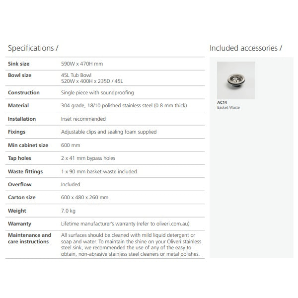 Oliveri Laundry Sink 45L Tub with Rinse Bypass and Overflow 2TH — The ...